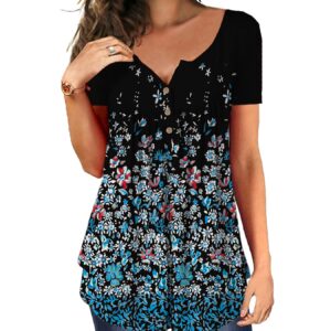 MAYAMANG Women's Floral Tunic Tops Casual Blouse V Neck Short Sleeve Buttons Up T-Shirts (Black+Small Floral, XL)