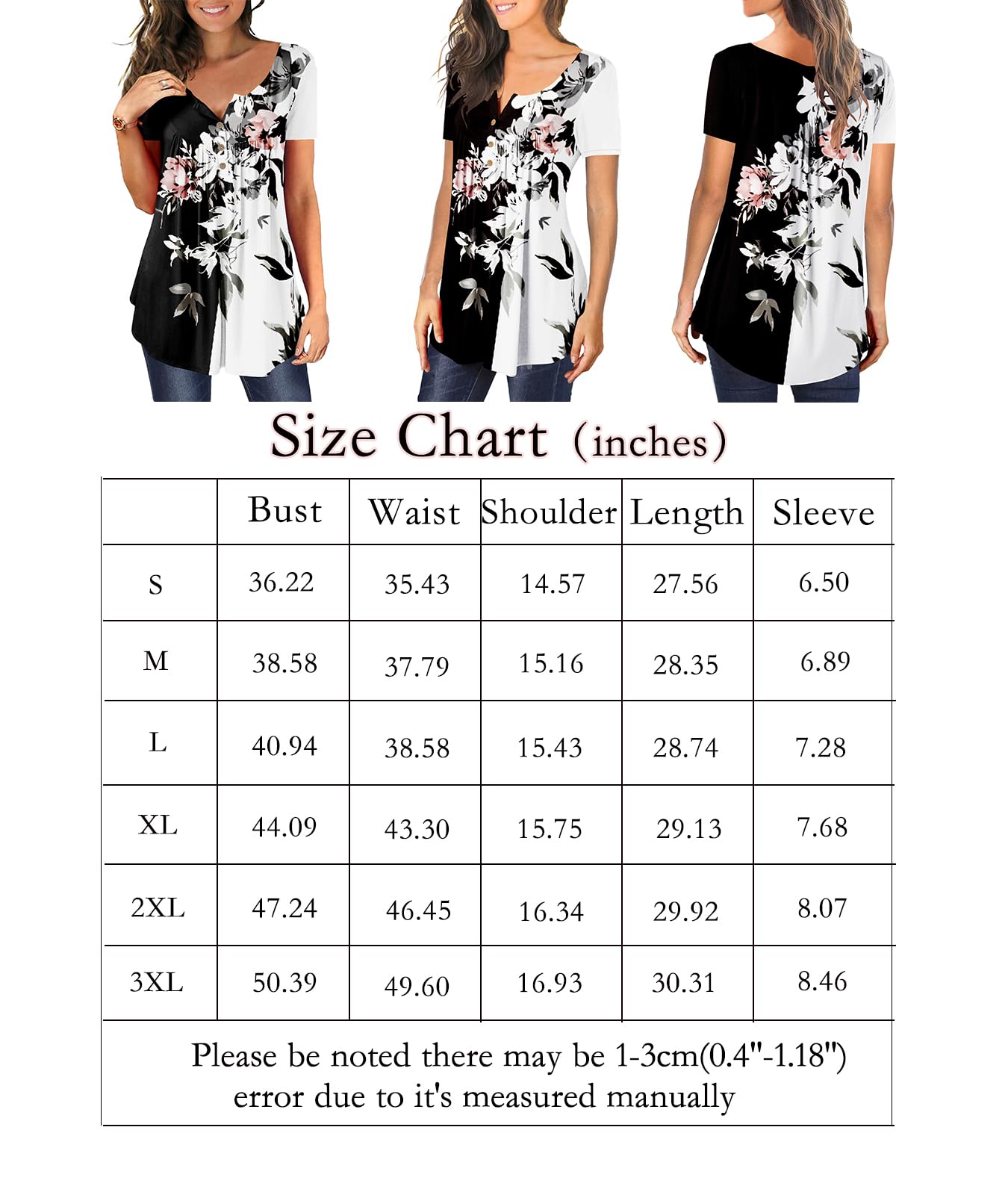 MAYAMANG Women's Floral Tunic Tops Casual Blouse V Neck Short Sleeve Buttons Up T-Shirts (Black+Small Floral, XL)