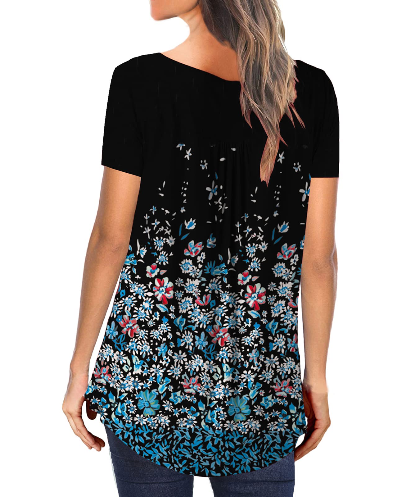 MAYAMANG Women's Floral Tunic Tops Casual Blouse V Neck Short Sleeve Buttons Up T-Shirts (Black+Small Floral, XL)