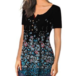 MAYAMANG Women's Floral Tunic Tops Casual Blouse V Neck Short Sleeve Buttons Up T-Shirts (Black+Small Floral, XL)