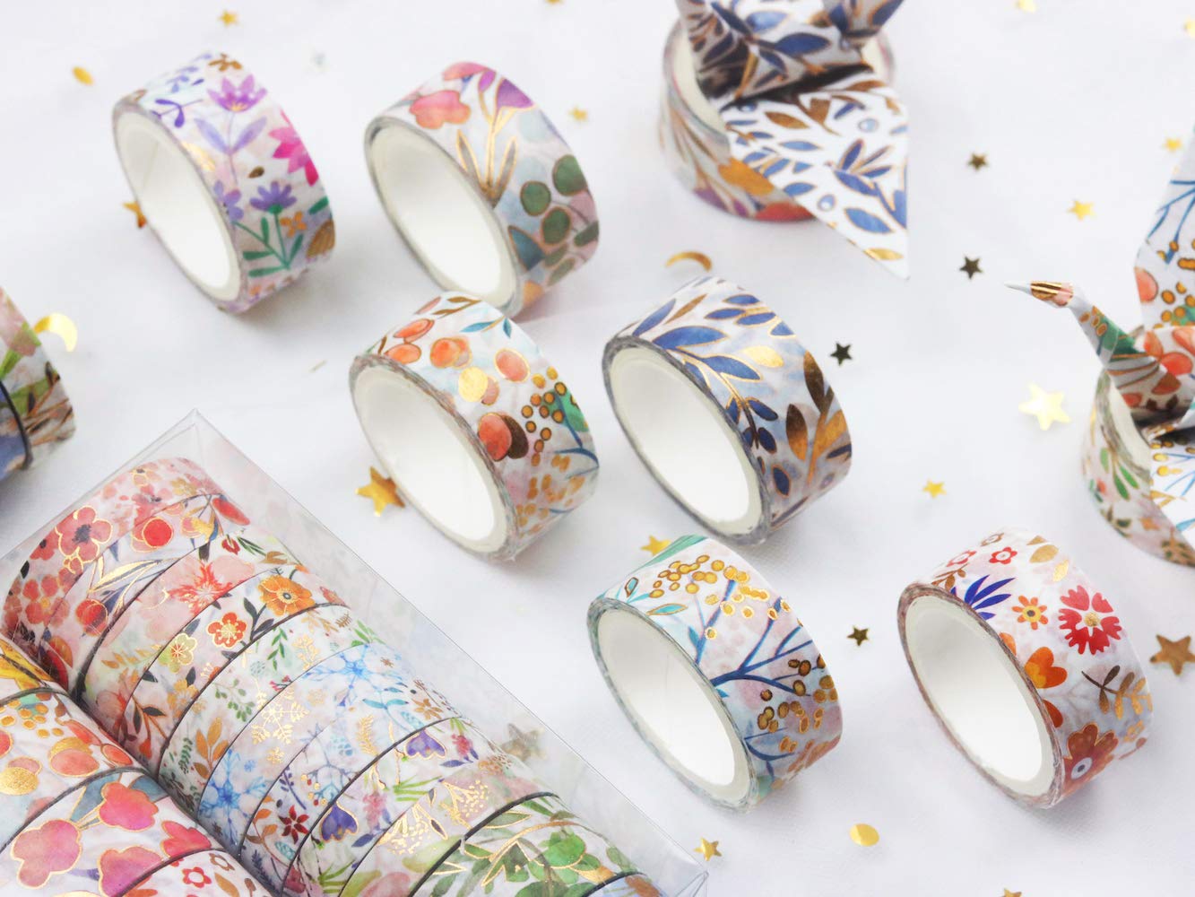 YUBBAEX Floral Gold Washi Tape Set VSCO Foil Masking Tape Decorative for Arts, DIY Crafts, Journal Supplies, Planners, Scrapbook, Card/Gift Wrapping -8/15mm- (Blooming 18 Rolls)