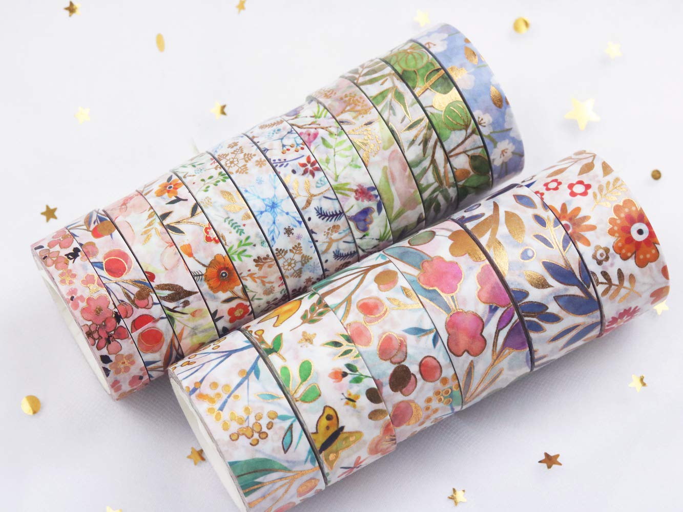 YUBBAEX Floral Gold Washi Tape Set VSCO Foil Masking Tape Decorative for Arts, DIY Crafts, Journal Supplies, Planners, Scrapbook, Card/Gift Wrapping -8/15mm- (Blooming 18 Rolls)