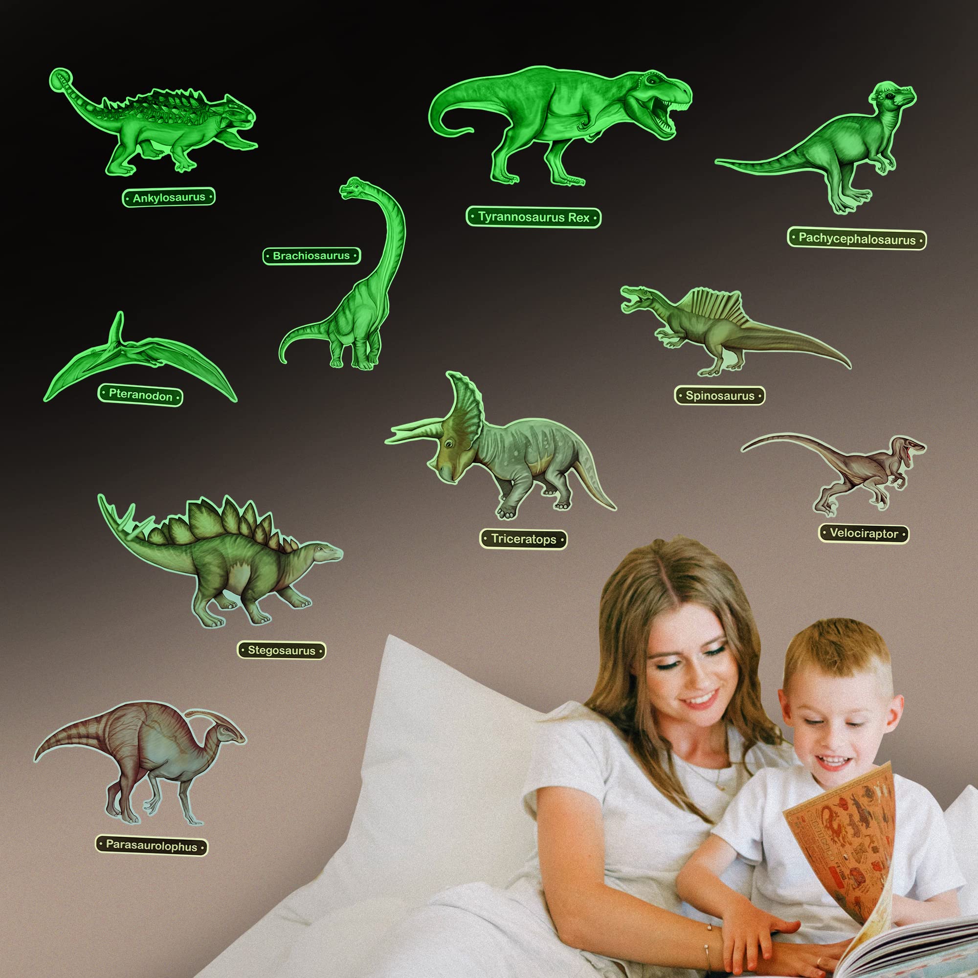 Glow in The Dark Dinosaur Wall Stickers - 10 Large Bright Wall Decals for Bedroom Walls and Ceilings - for Boys Room and Girls Room - Set 1