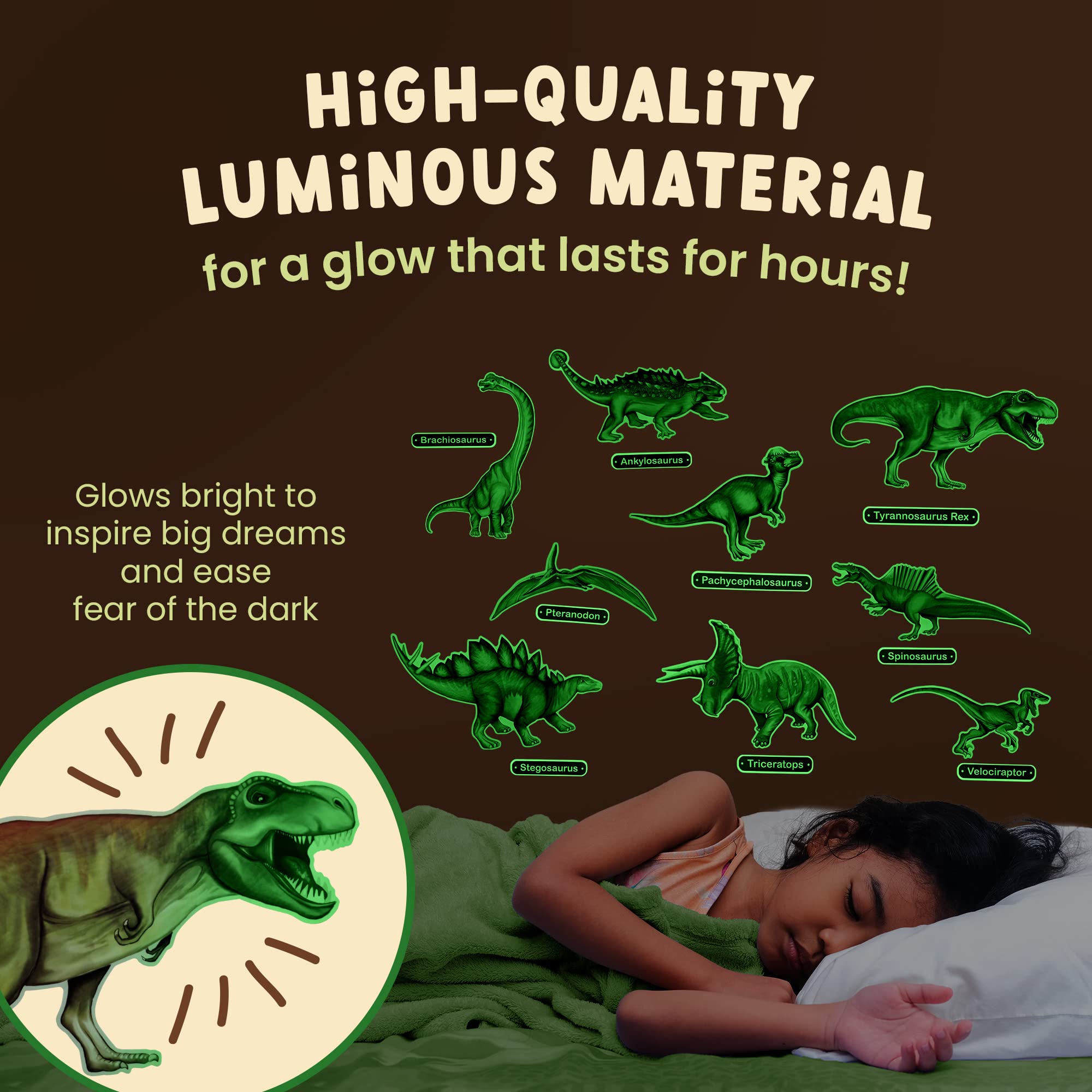 Glow in The Dark Dinosaur Wall Stickers - 10 Large Bright Wall Decals for Bedroom Walls and Ceilings - for Boys Room and Girls Room - Set 1