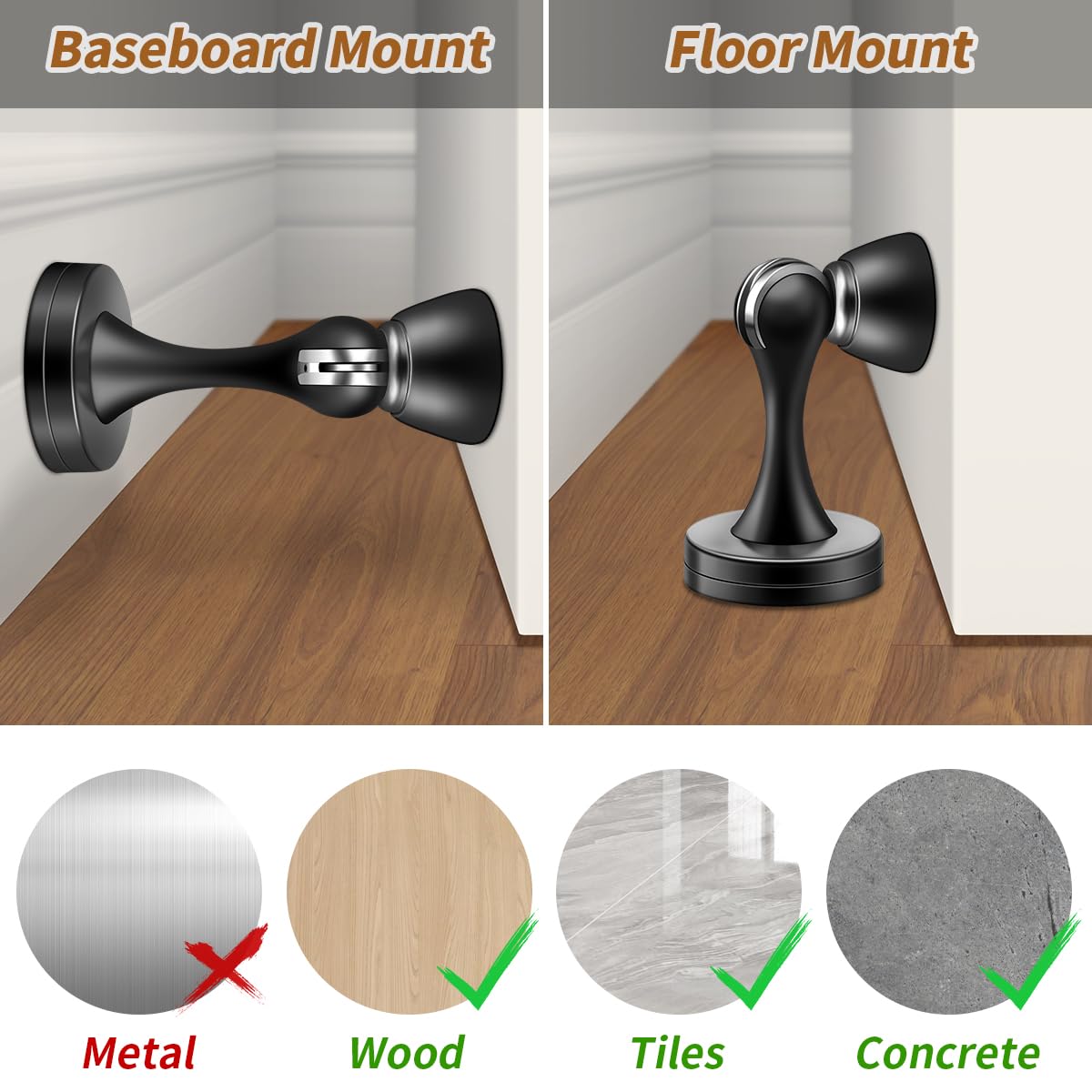 Magnetic Door Stops, Door Stopper Stainless Steel Magnetic Doorstop Brushed Satin Nickel, Black Wall Floor Mounted Door Holder Door Catch for Bedroom Bathroom Kitchen Home Office