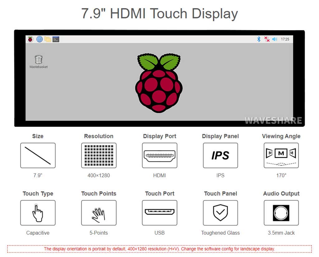 Waveshare 7.9inch Capacitive Touch Screen LCD Compatible with Raspberry Pi 5/4B/3B+/3A+/2B/B+/A+/Zero/Zero W/WH/Zero 2W CM3+/4 400×1280 Resolution HDMI IPS Supports Jetson Nano/Windows