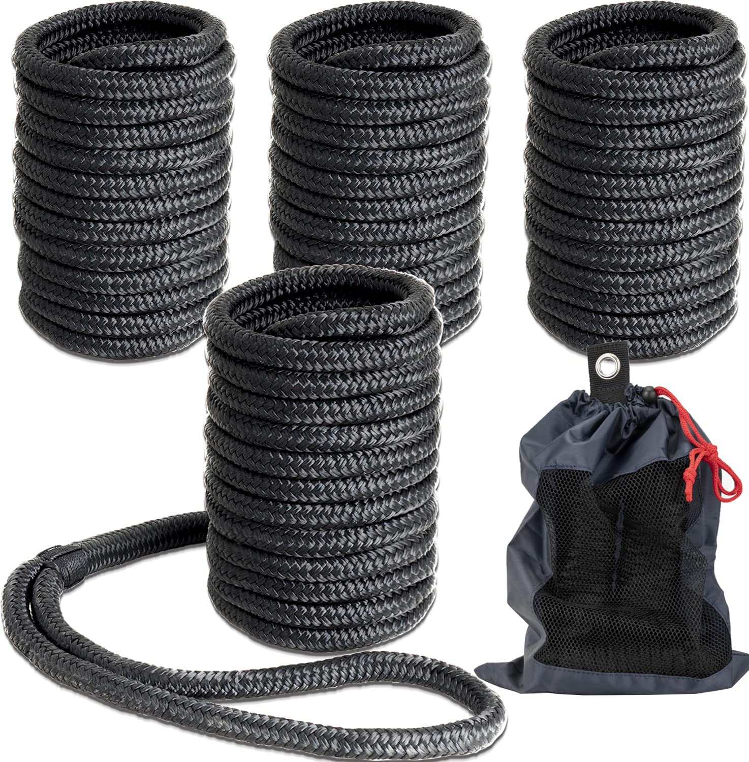 Young Marine Double Braided Nylon Dock Lines Rope，3/8 Inch x 15FT Dock Line with 12 Inch Eyelet for Mooring Boats, Black，4 Pack