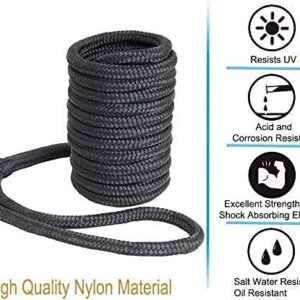 Young Marine Double Braided Nylon Dock Lines Rope，3/8 Inch x 15FT Dock Line with 12 Inch Eyelet for Mooring Boats, Black，4 Pack