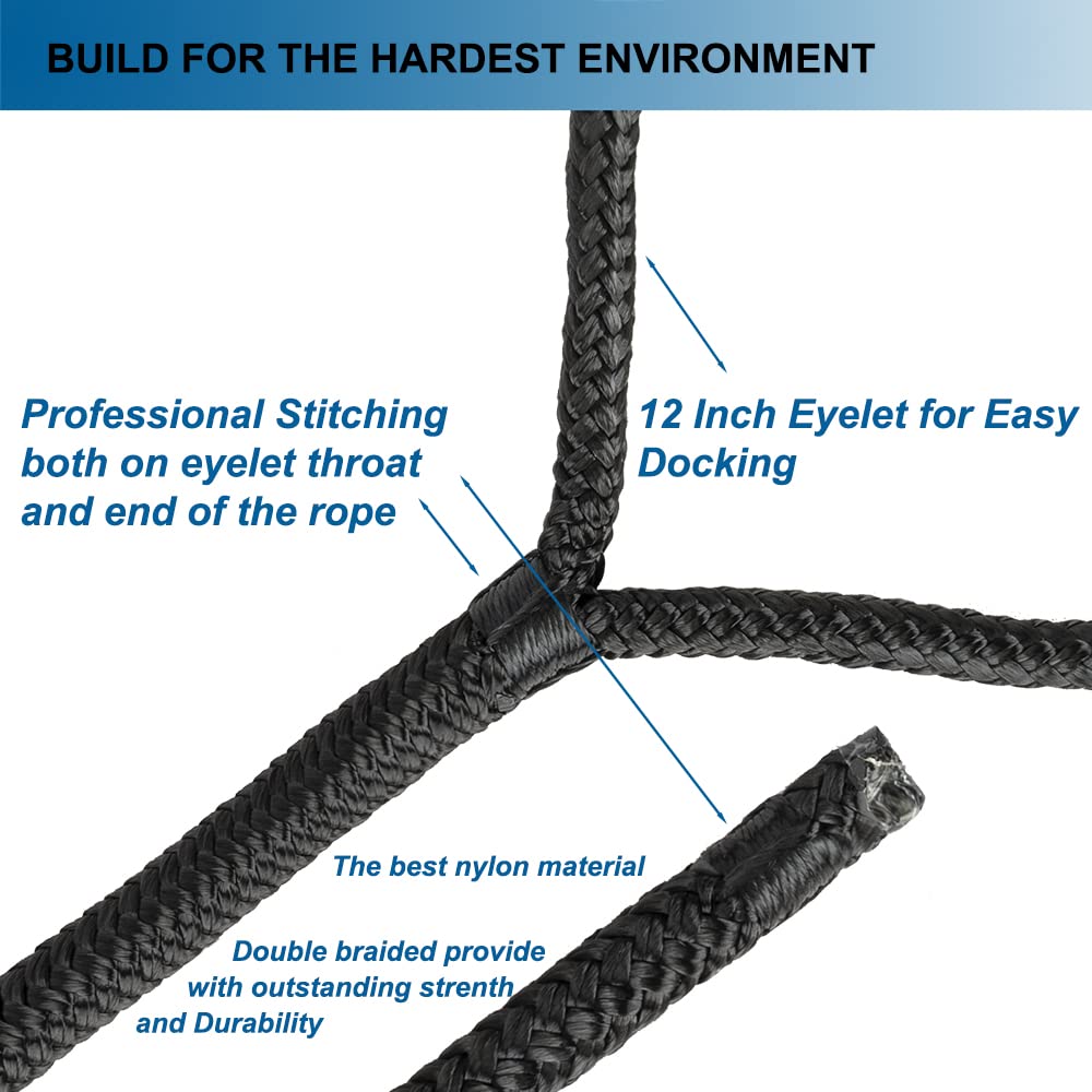 Young Marine Double Braided Nylon Dock Lines Rope，3/8 Inch x 15FT Dock Line with 12 Inch Eyelet for Mooring Boats, Black，4 Pack