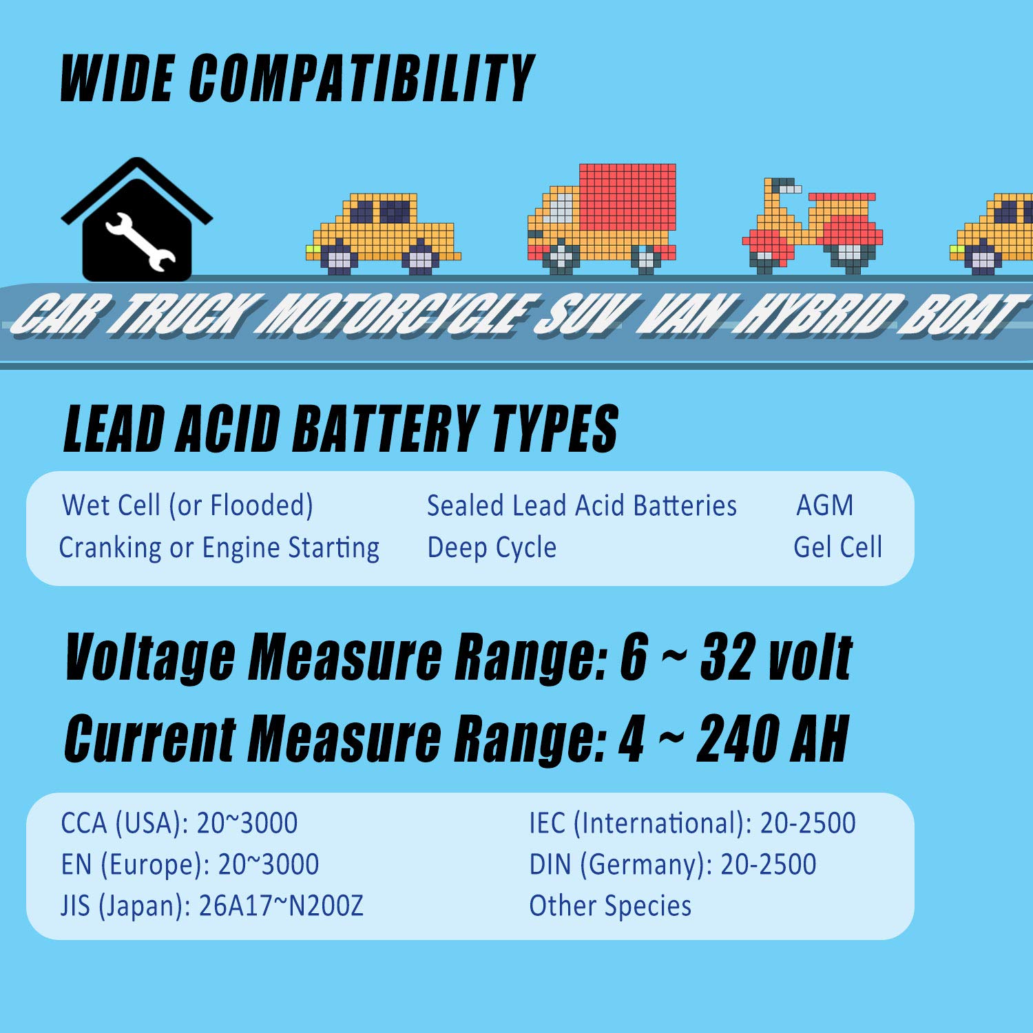 JUTA BTP600 Car Battery Load Tester Bad Cell Analyzer Auto 12V/24V 20-3000 CCA 240Ah Cranking Charging Test Tool for Automotive Motorcycle Heavy Duty Trucks