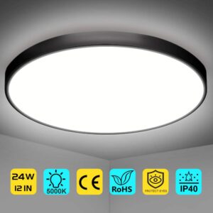 12 Inch 24W Flush Mount LED Ceiling Light Fixture, 5000K Daylight White, 3200LM, Flat Round Ceiling Light Fixture, 240W Equivalent Black Ceiling Lamp for Closets, Kitchens, Stairwells, Bedrooms.etc.