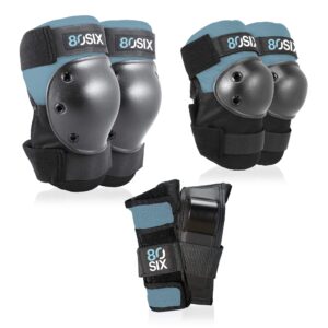 80six pad set with wristguards, elbow pads, and knee pads for kids, stone blue, small / medium - ages 8+