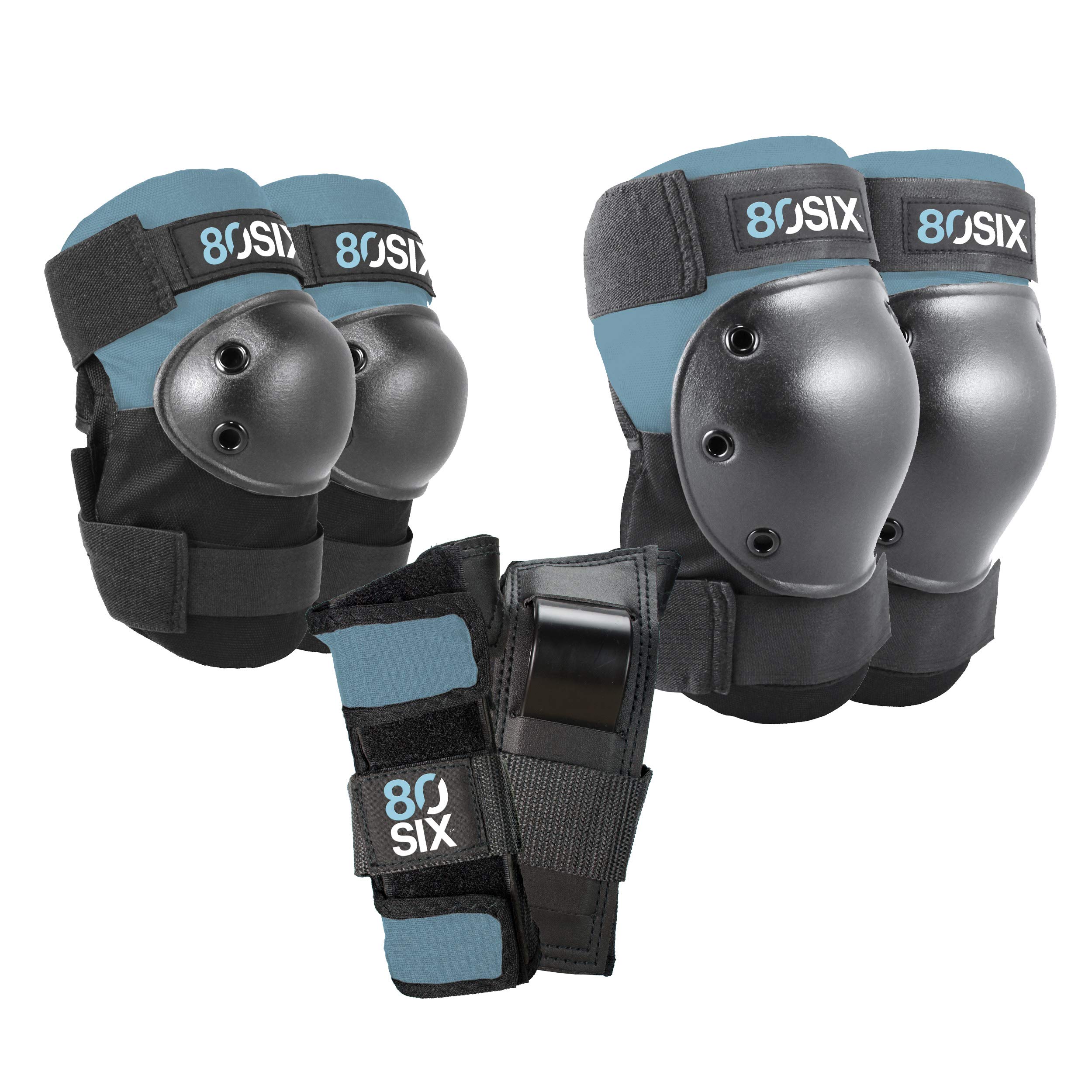 80Six Pad Set with Wristguards, Elbow Pads, and Knee Pads for Kids, Stone Blue, Small / Medium - Ages 8+