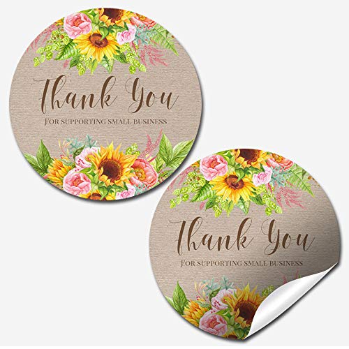 Sunflower and Peony Thank You Customer Appreciation Sticker Labels for Small Businesses, 60 1.5" Circle Stickers by AmandaCreation, Great for Envelopes, Postcards, Direct Mail, & More!