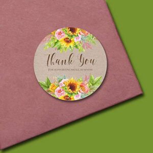 Sunflower and Peony Thank You Customer Appreciation Sticker Labels for Small Businesses, 60 1.5" Circle Stickers by AmandaCreation, Great for Envelopes, Postcards, Direct Mail, & More!