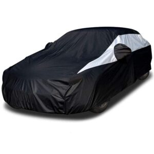 titan jet black poly 210t car cover for sedans 186-202". waterproof, uv protection, scratch resistant, driver-side zippered opening. fits camry, accord and more.