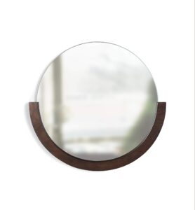 umbra mira decorative wall entryway, circular mirror with wood frame on the bottom half, 30 inch, aged walnut