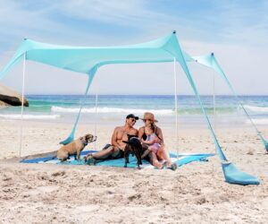 sun ninja beach tent sun shelter with upf50+ protection, includes sand shovel, ground pegs and stability poles, outdoor pop up beach shade canopy for camping, fishing, backyard fun or picnics