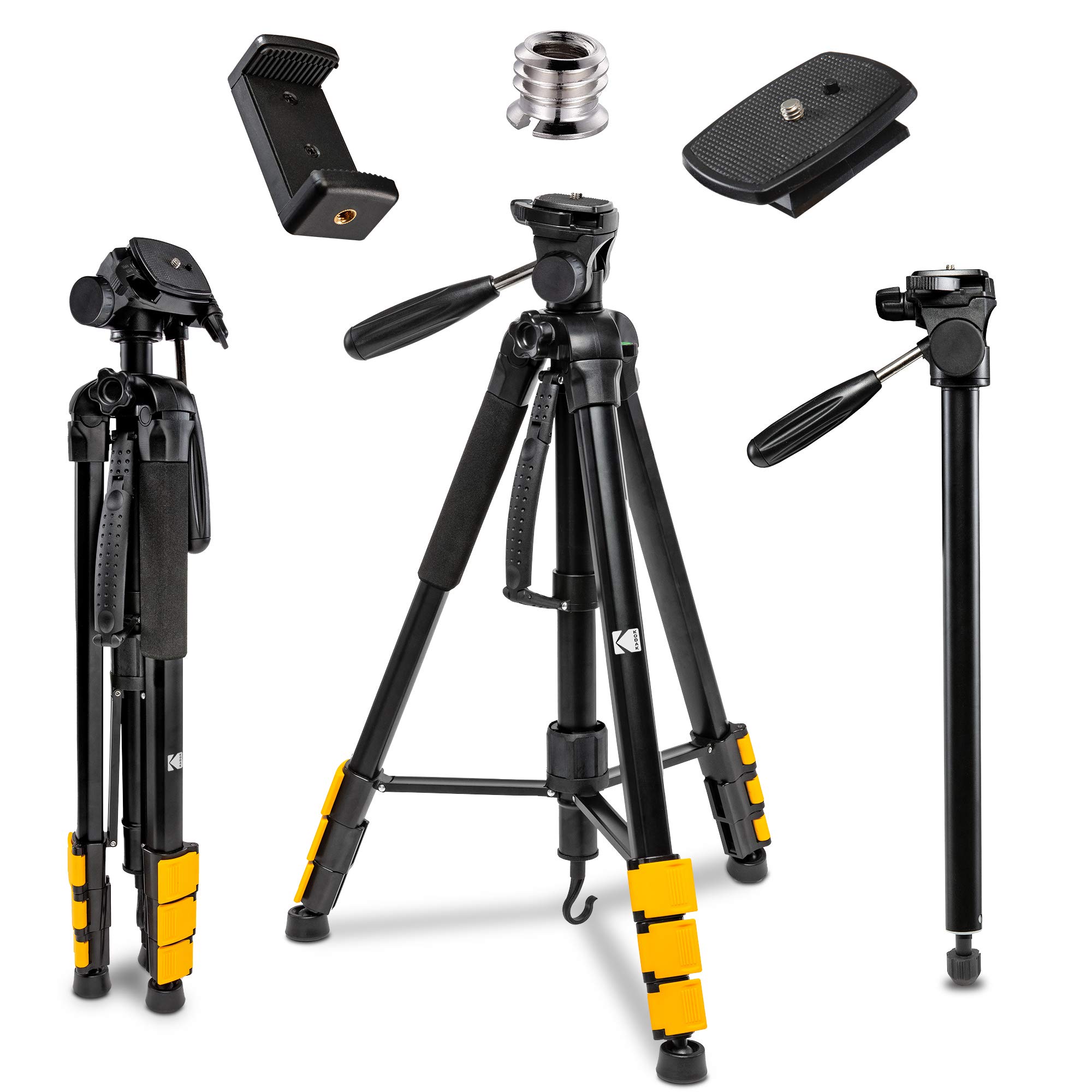 KODAK PhotoGear 2-in-1 Tripod & Monopod | Lightweight 70” 4-Section Flip-Lock Aluminum Tripod Converts to 64.5” Monopod | QuickRelease Plates 3-Way Swivel Head Bubble Level BONUS Tripod E-Guide & Case