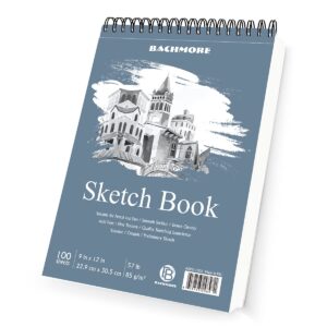 bachmore sketchpad 9x12" inch (57lb/85g), 100 sheets of spiral bound sketch book for artist pro & amateurs | marker art, colored pencil