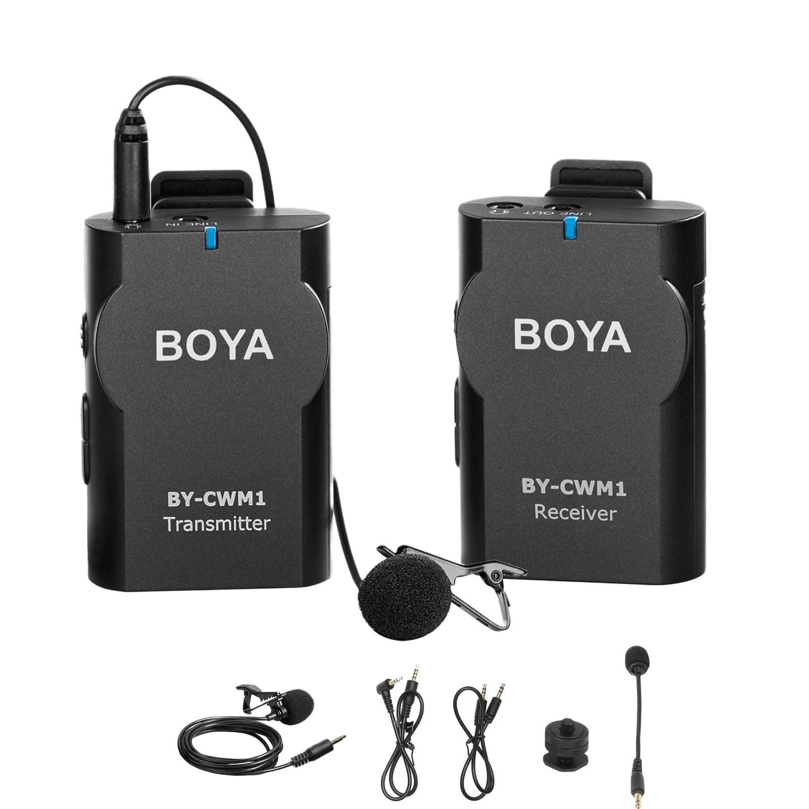 Wireless Lavalier Microphone System BOYA-CWM1 2.4GHz Wireless Lapel Microphone with 1 Transmitter and 1 Receiver Professional Lav Mic for DSLR Cameras, Camcorders, iPhone, Android Smartphones