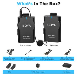 Wireless Lavalier Microphone System BOYA-CWM1 2.4GHz Wireless Lapel Microphone with 1 Transmitter and 1 Receiver Professional Lav Mic for DSLR Cameras, Camcorders, iPhone, Android Smartphones