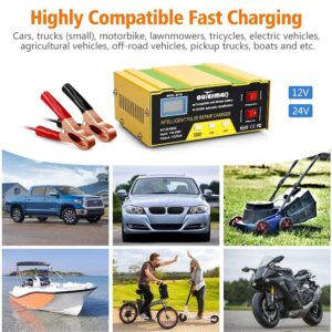 Outerman Car Battery Charger 12V 24V Lithium Battery Charger, Auto Battery Charger Maintainer for Car Boat Motorcycle Lawn Mower Lead Acid Battery or Lithium Battery Capacity: 6AH~105AH