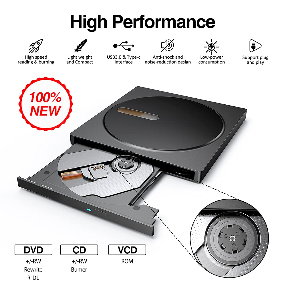 VersionTECH. External CD DVD Drive, USB 3.0 Type C Ultra-Slim Superdrive Optical Burner Writer Player CD DVD +/- RW, Compatible with Windows 10 8 7 XP Vista Mac OS System for Mac Pro Air iMac Laptop