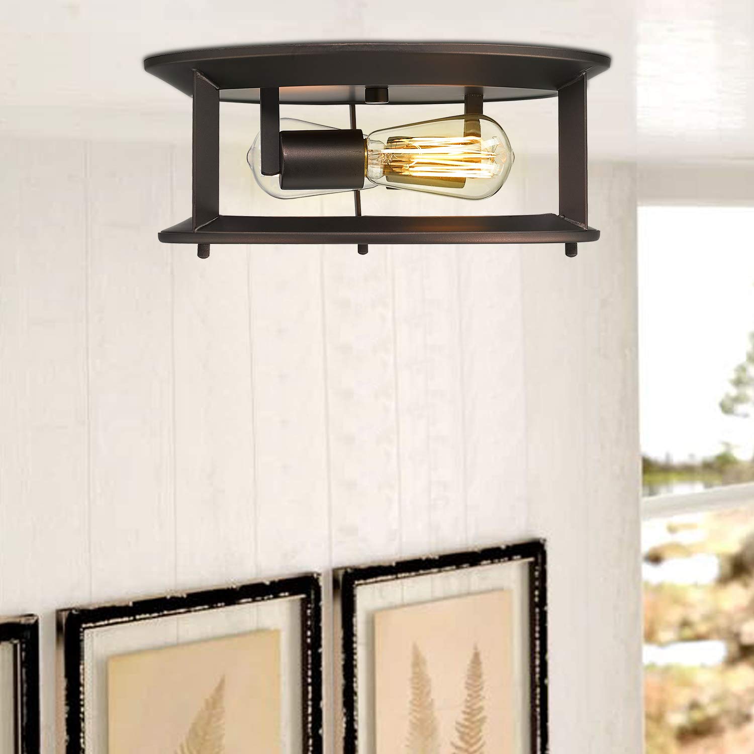 Emliviar Industrial Ceiling Light, Vintage 2-Light Flush Mount Ceiling Light Fixture, Oil Rubbed Bronze Finish, YE19108-F2 ORB