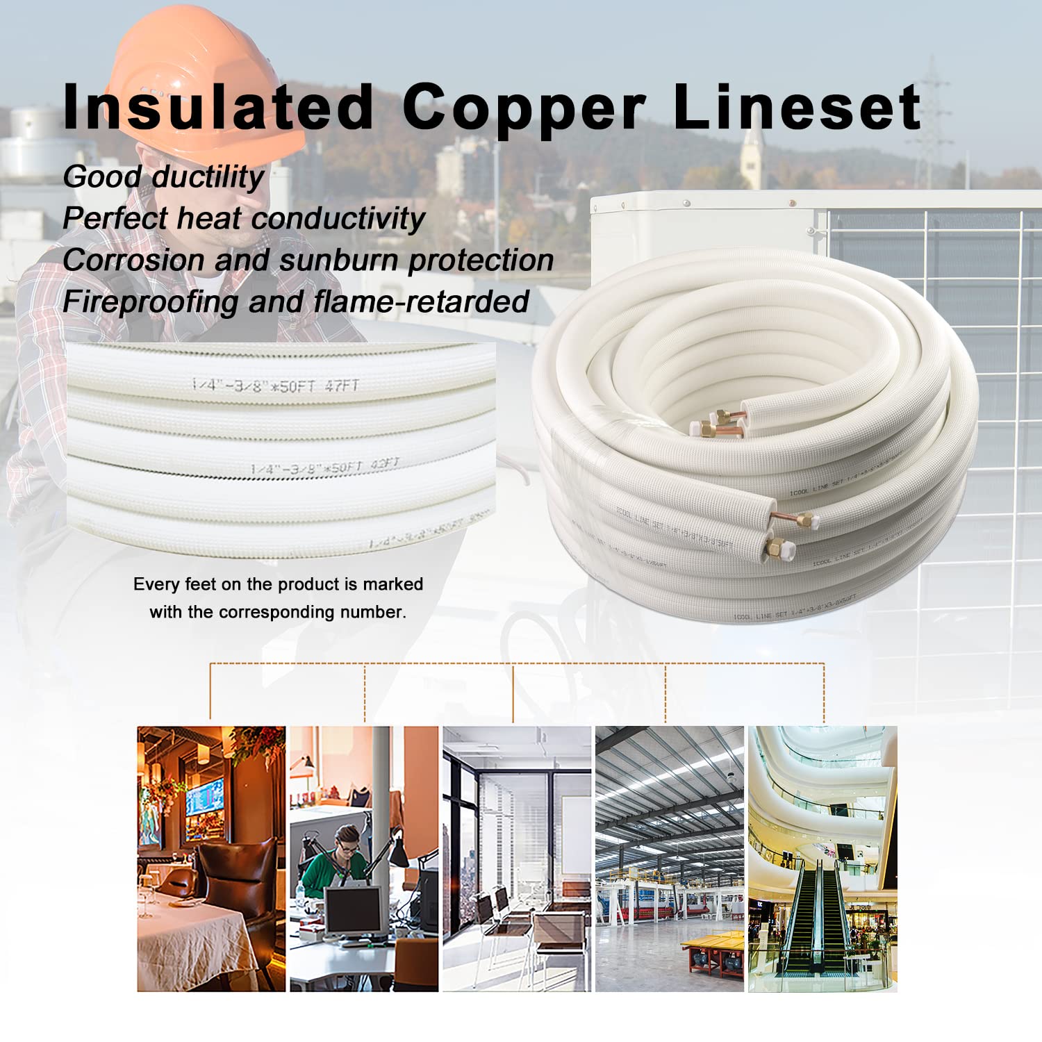 Wostore 50Ft. Mini Split Line Set Includes Two Pipes 1/4" & 3/8" O.D. 3/8" Thickened PE Insulated Coil Copper Line with Nuts for Air Conditioner HVAC Refrigeration and Heating Equipment