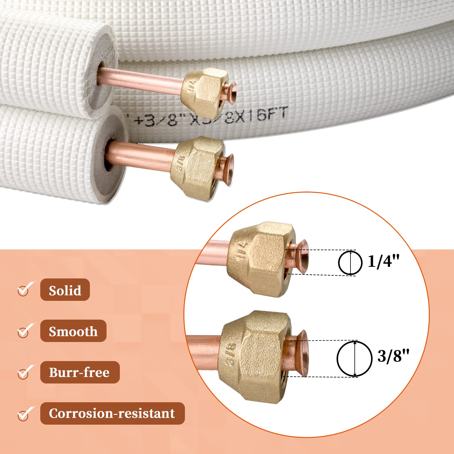 Wostore 50Ft. Mini Split Line Set Includes Two Pipes 1/4" & 3/8" O.D. 3/8" Thickened PE Insulated Coil Copper Line with Nuts for Air Conditioner HVAC Refrigeration and Heating Equipment