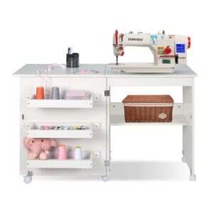 usinso folding sewing table multifunctional sewing machine cart table sewing craft cabinet with storage shelves portable rolling sewing desk computer desk with lockable casters(white)