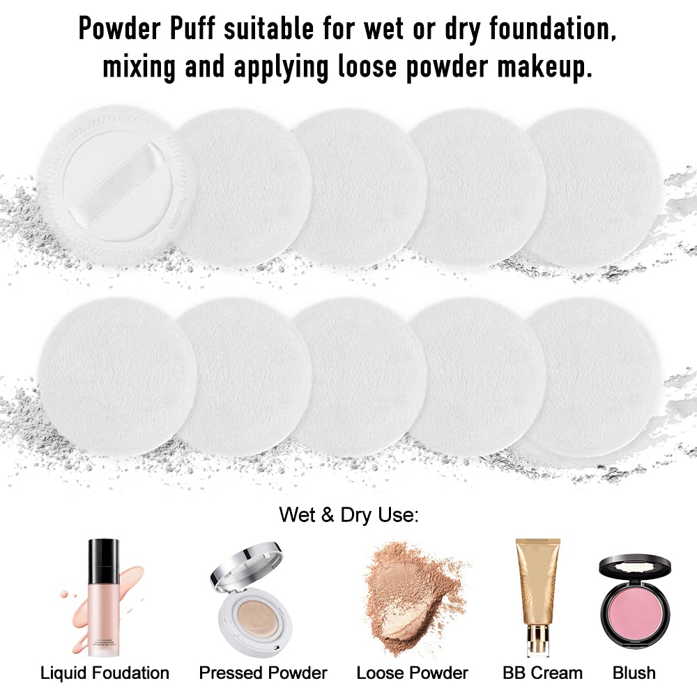 10pcs Powder Puff Cotton Cosmetic Powder Makeup Puffs Pads with Ribbon Face Powder Puffs for Loose and Foundation 2.36 inch. (White)