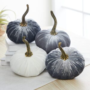 set of 4 small velvet pumpkins, handmade home decor, holiday mantle decor, fall halloween thanksgiving centerpiece, rustic fall wedding centerpiece (2 luxe platinum, gray, ivory)