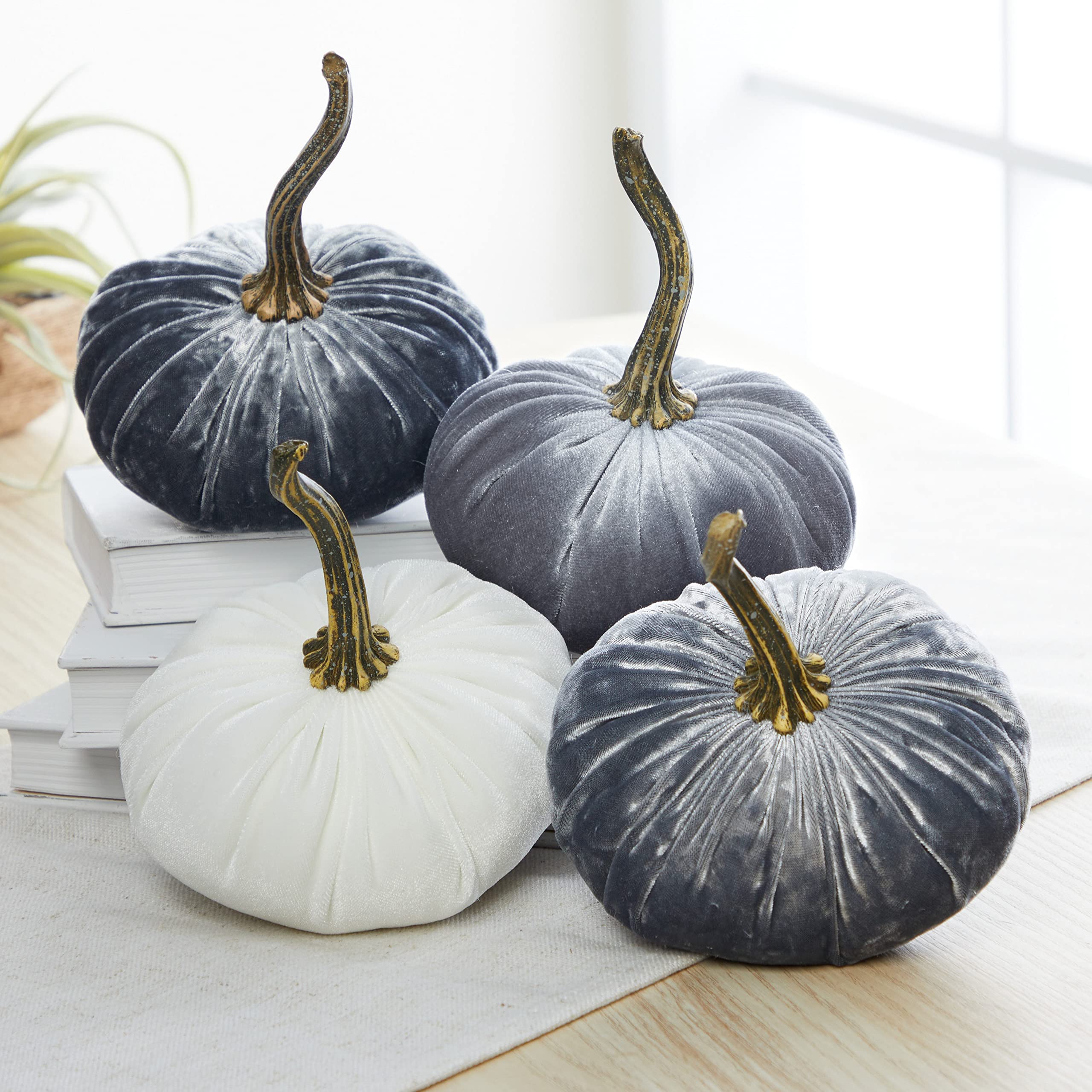 Set of 4 Small Velvet Pumpkins, Handmade Home Decor, Holiday Mantle Decor, Fall Halloween Thanksgiving Centerpiece, Rustic Fall Wedding Centerpiece (2 Luxe Platinum, Gray, Ivory)