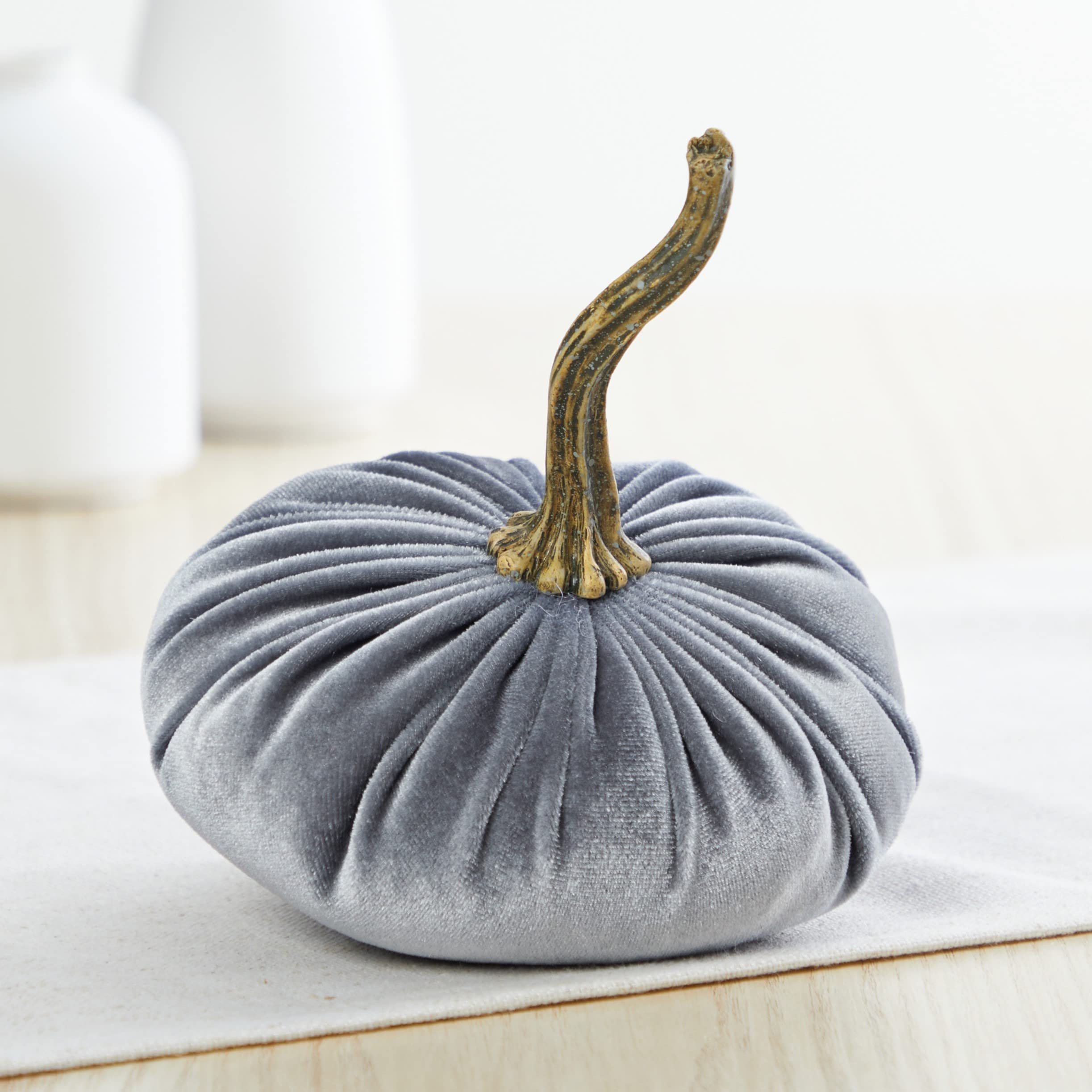 Set of 4 Small Velvet Pumpkins, Handmade Home Decor, Holiday Mantle Decor, Fall Halloween Thanksgiving Centerpiece, Rustic Fall Wedding Centerpiece (2 Luxe Platinum, Gray, Ivory)