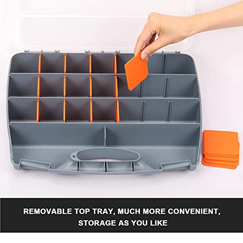 Makitoyo Hardware Storage Box Tools Organizer Container with Handle and Clear Lid, 21 Adjustable Compartments and 2 Fixed Sections,Perfect for Screws,Nuts, Bolts and Small Parts,15"L x 12.9"W x 2.9"H