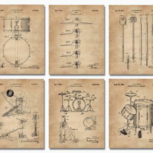 Drummer Gifts for Men - Music Wall Decor - Set of 6 (8x10) Unframed Drum Patent Wall Art Prints - Music Room Studio Decorations - Percussionists Teachers Musicians