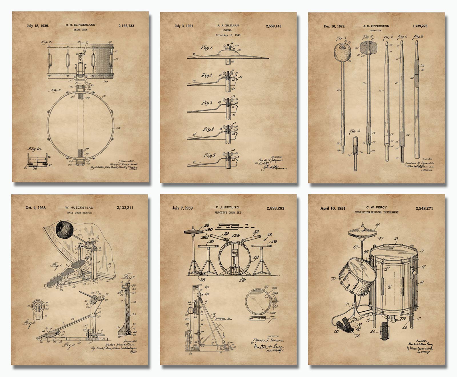 Drummer Gifts for Men - Music Wall Decor - Set of 6 (8x10) Unframed Drum Patent Wall Art Prints - Music Room Studio Decorations - Percussionists Teachers Musicians