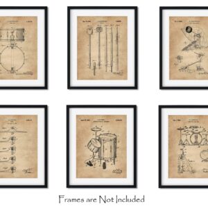 Drummer Gifts for Men - Music Wall Decor - Set of 6 (8x10) Unframed Drum Patent Wall Art Prints - Music Room Studio Decorations - Percussionists Teachers Musicians