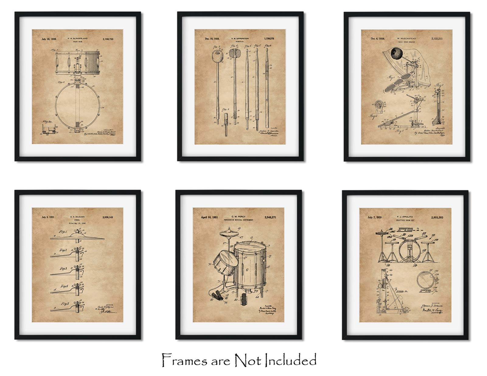 Drummer Gifts for Men - Music Wall Decor - Set of 6 (8x10) Unframed Drum Patent Wall Art Prints - Music Room Studio Decorations - Percussionists Teachers Musicians