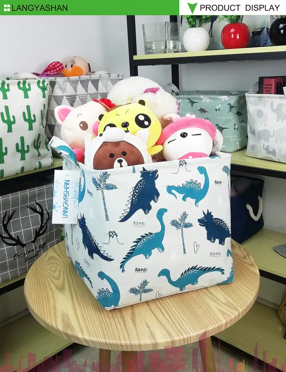 LANGYASHAN Square Storage Baskets Waterproof Canvas Children Laundry Nursery Hamper for Shelves Gift Baskets Toy Organizer Room Decor (Square Dinosaur)