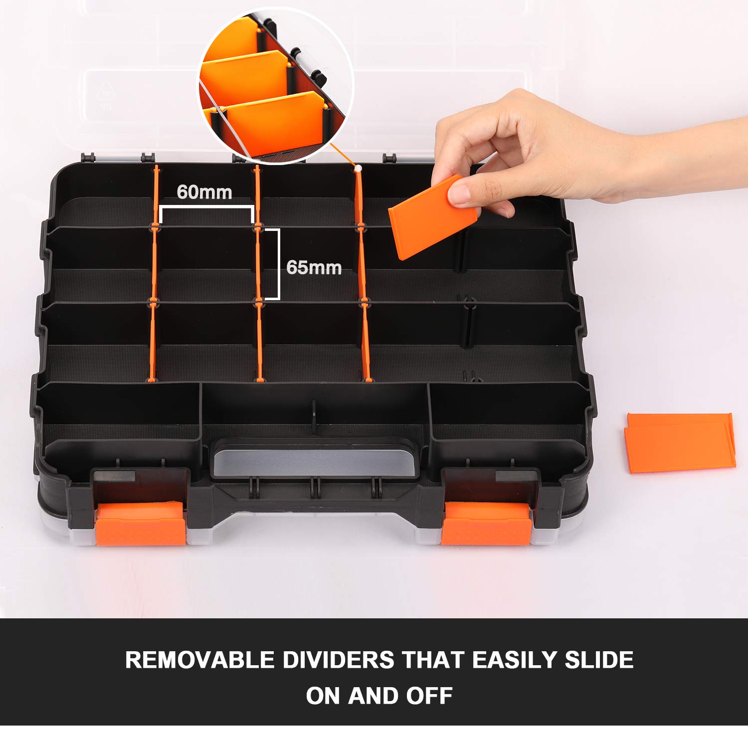 CASOMAN Double Side Tool Organizer with Impact Resistant Polymer and Customizable Removable Plastic Dividers, Hardware Box Storage, Excellent for Screws,Nuts,Small Parts, 34-Compartment, Black/Orange