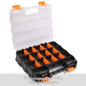 CASOMAN Double Side Tool Organizer with Impact Resistant Polymer and Customizable Removable Plastic Dividers, Hardware Box Storage, Excellent for Screws,Nuts,Small Parts, 34-Compartment, Black/Orange