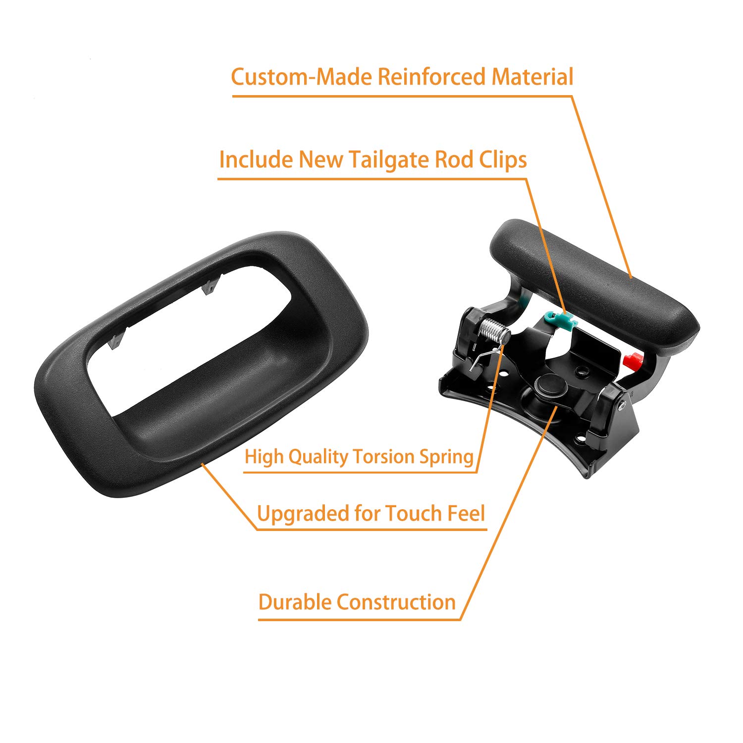 Tailgate Handle Latch and Bezel Trim with Rod Clips | for 1999-2007 Chevy Silverado GMC Sierra 1500 2500 3500 | Replaces# 15997911, 15228539, 15228541, 15228540