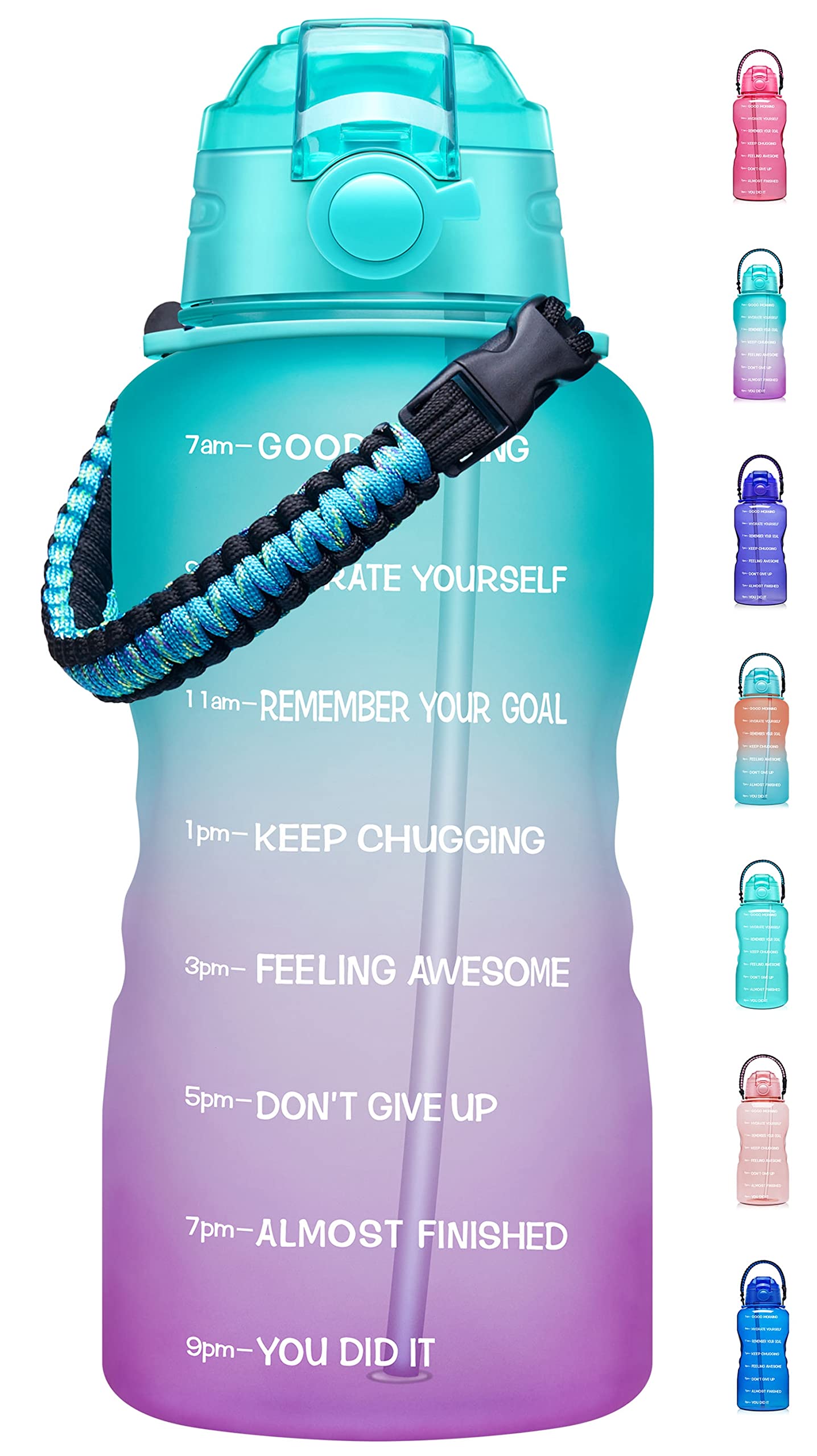 Fidus Large Half Gallon/64OZ Motivational Water Bottle with Paracord Handle & Removable Straw - BPA Free Leakproof Water Jug with Time Marker to Ensure You Drink Enough Water Daily