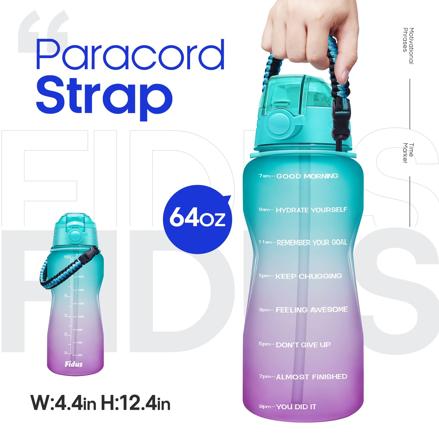 Fidus Large Half Gallon/64OZ Motivational Water Bottle with Paracord Handle & Removable Straw - BPA Free Leakproof Water Jug with Time Marker to Ensure You Drink Enough Water Daily