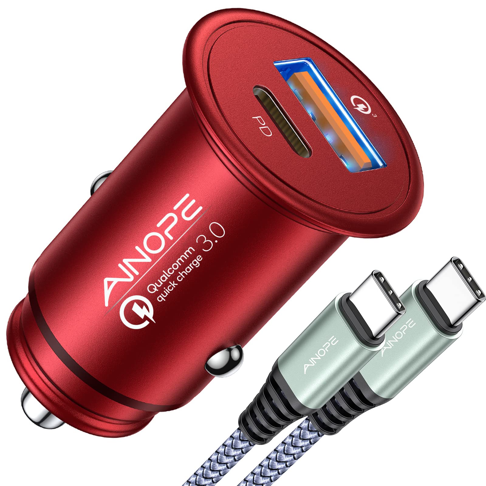 AINOPE USB C Car Charger 67.5W, Red Car Accessories Car Charger USB C for iPhone, Super Mini All Metal Fast Charging Car Charger PD&QC 3.0 Dual Port Car Adapter Fits iPhone 15 Pro Max 14 13 12 11, Red