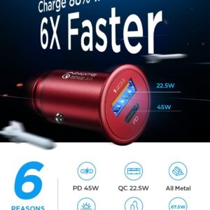 AINOPE USB C Car Charger 67.5W, Red Car Accessories Car Charger USB C for iPhone, Super Mini All Metal Fast Charging Car Charger PD&QC 3.0 Dual Port Car Adapter Fits iPhone 15 Pro Max 14 13 12 11, Red