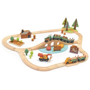 tender leaf toys - wild pines train set - 95 pieces wooden train & bridge set for kids, toddler boys & girls - compatible with most toy trains - age 3+